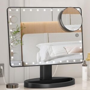 funtouch large lighted vanity makeup mirror (x-large model), light up mirror with 35 led lights, touch screen and 10x magnification mirror, 360° rotation tabletop cosmetic mirror (black)