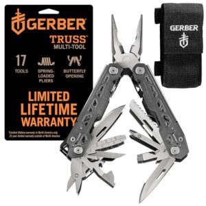 gerber gear truss 17-in-1 needle nose pliers multi-tool with sheath - multi-plier, pocket knife, serrated blade, screwdriver, bottle opener - edc gear and equipment - gray