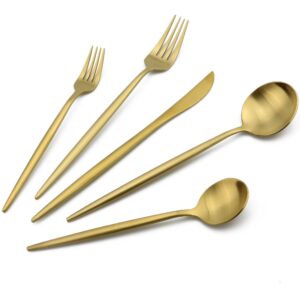 briiec 20-pieces gold 18/10 stainles steel flatware set, knife fork spoon silverware set, dinnerware set service for 4, matte finish, dishwasher safe