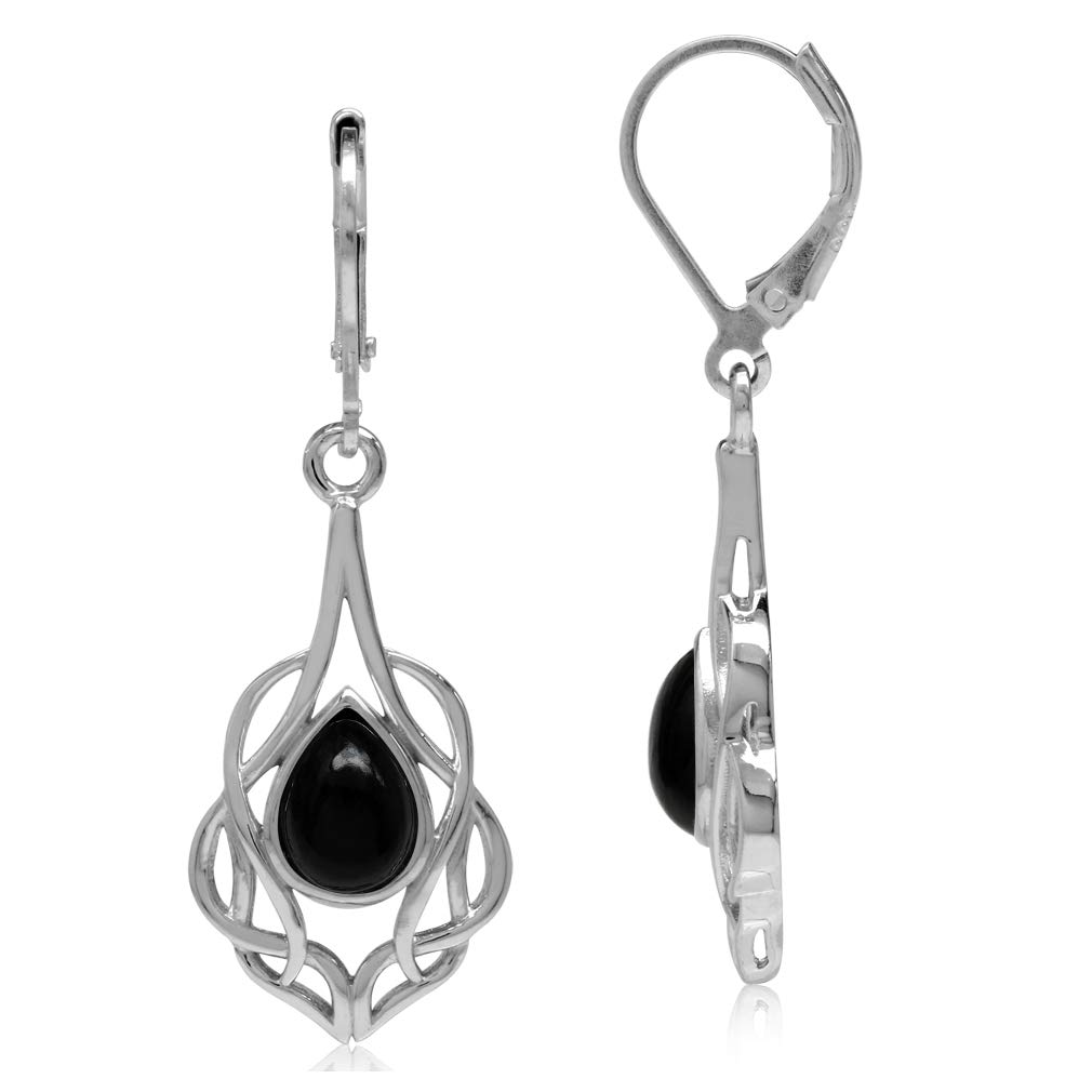 Silvershake Genuine Black Onyx White Gold Plated 925 Sterling Silver Celtic Knot Drop Dangle Leverback Earrings