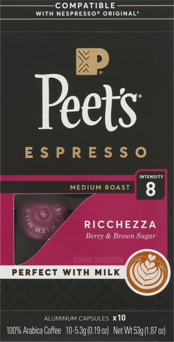 Peet's Coffee, Medium Roast Espresso Pods, Cafe Inspired Ricchezza Intensity 8, 10 Count (1 Box of 10 Espresso Capsules)