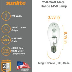 Sunlite MH250/U/MOG M58 Metal Halide Lamp, 250 Watts, Mogul Base (E39), ED28, 15,000 Hour Life Span, 21000 Lumen, Clear Finish, 4000K, 2 Pack