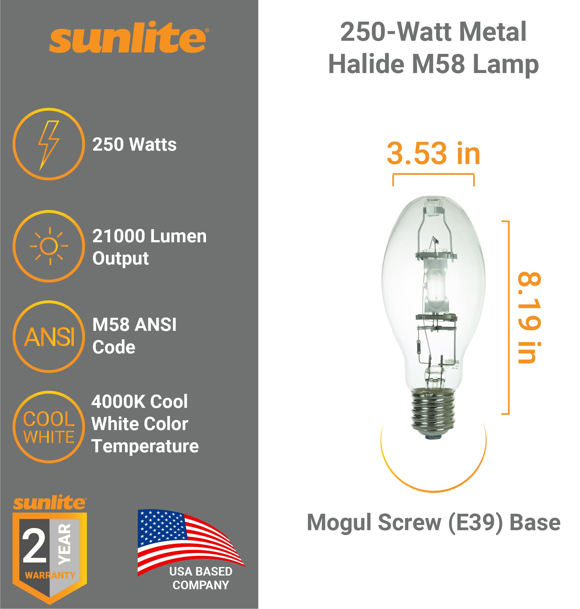 Sunlite MH250/U/MOG M58 Metal Halide Lamp, 250 Watts, Mogul Base (E39), ED28, 15,000 Hour Life Span, 21000 Lumen, Clear Finish, 4000K, 2 Pack