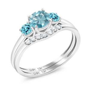 10k white gold blue zircon and swiss blue topaz and white lab grown diamond 3-stone bridal engagement wedding ring set for women (1.22 cttw, gemstone, round 5mm, available in size 5,6,7,8,9)