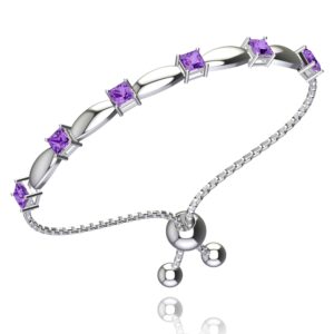 belinda jewelz - birthstone bolo bracelet, birthstone bracelet with 6 square-cut stones, 925 sterling silver amethyst bracelet for women, stackable amethyst jewelry with bolo closure, 11”