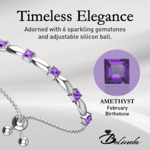 Belinda Jewelz - Birthstone Bolo Bracelet, Birthstone Bracelet with 6 Square-Cut Stones, 925 Sterling Silver Amethyst Bracelet for Women, Stackable Amethyst Jewelry with Bolo Closure, 11”