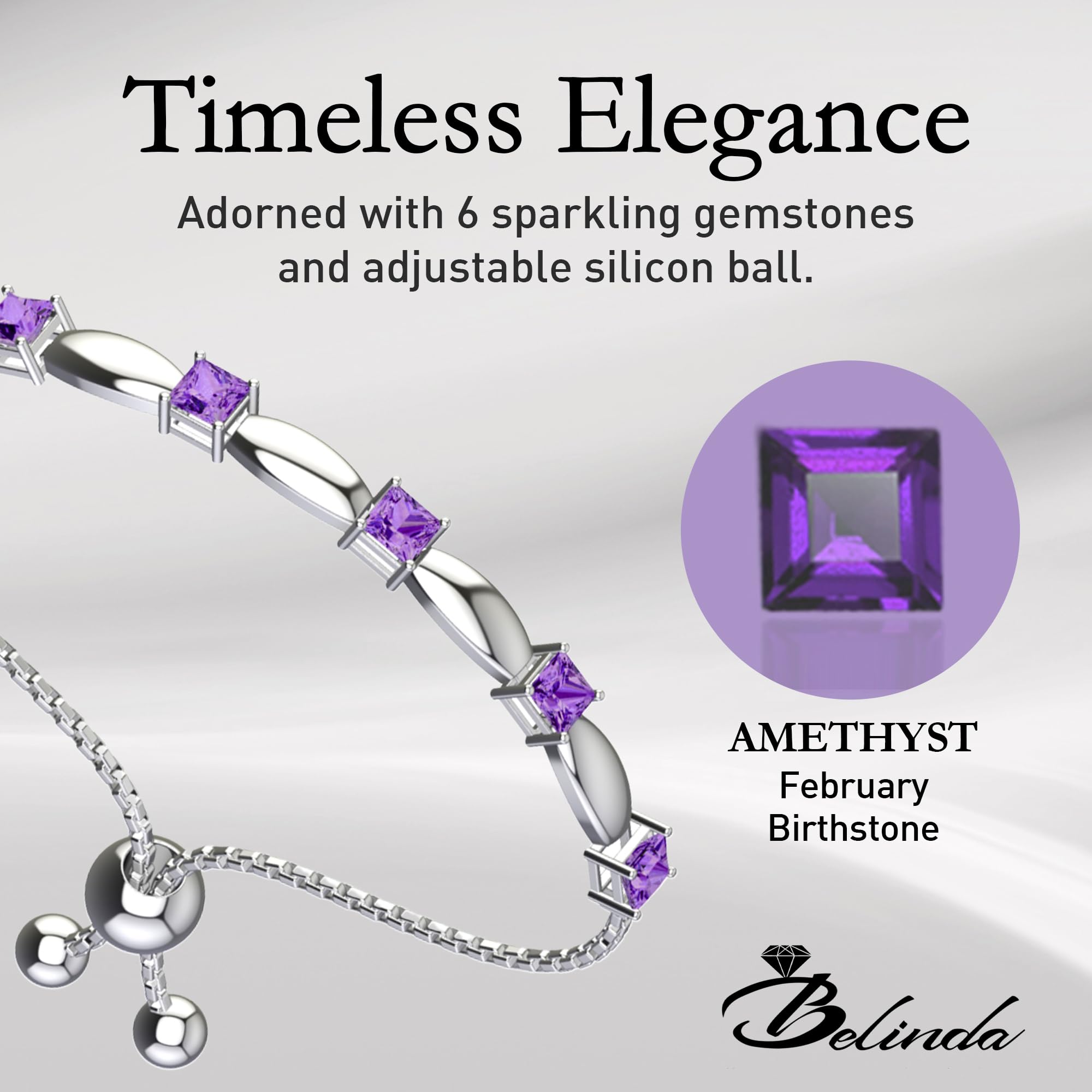 Belinda Jewelz - Birthstone Bolo Bracelet, Birthstone Bracelet with 6 Square-Cut Stones, 925 Sterling Silver Amethyst Bracelet for Women, Stackable Amethyst Jewelry with Bolo Closure, 11”