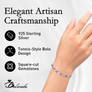 Belinda Jewelz - Birthstone Bolo Bracelet, Birthstone Bracelet with 6 Square-Cut Stones, 925 Sterling Silver Amethyst Bracelet for Women, Stackable Amethyst Jewelry with Bolo Closure, 11”