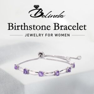 Belinda Jewelz - Birthstone Bolo Bracelet, Birthstone Bracelet with 6 Square-Cut Stones, 925 Sterling Silver Amethyst Bracelet for Women, Stackable Amethyst Jewelry with Bolo Closure, 11”