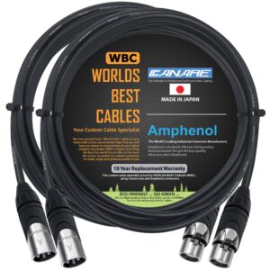 worlds best cables 2 units - 10 foot - canare l-4e6s, star quad balanced male to female microphone cables with amphenol ax3m & ax3f silver xlr connectors - custom made