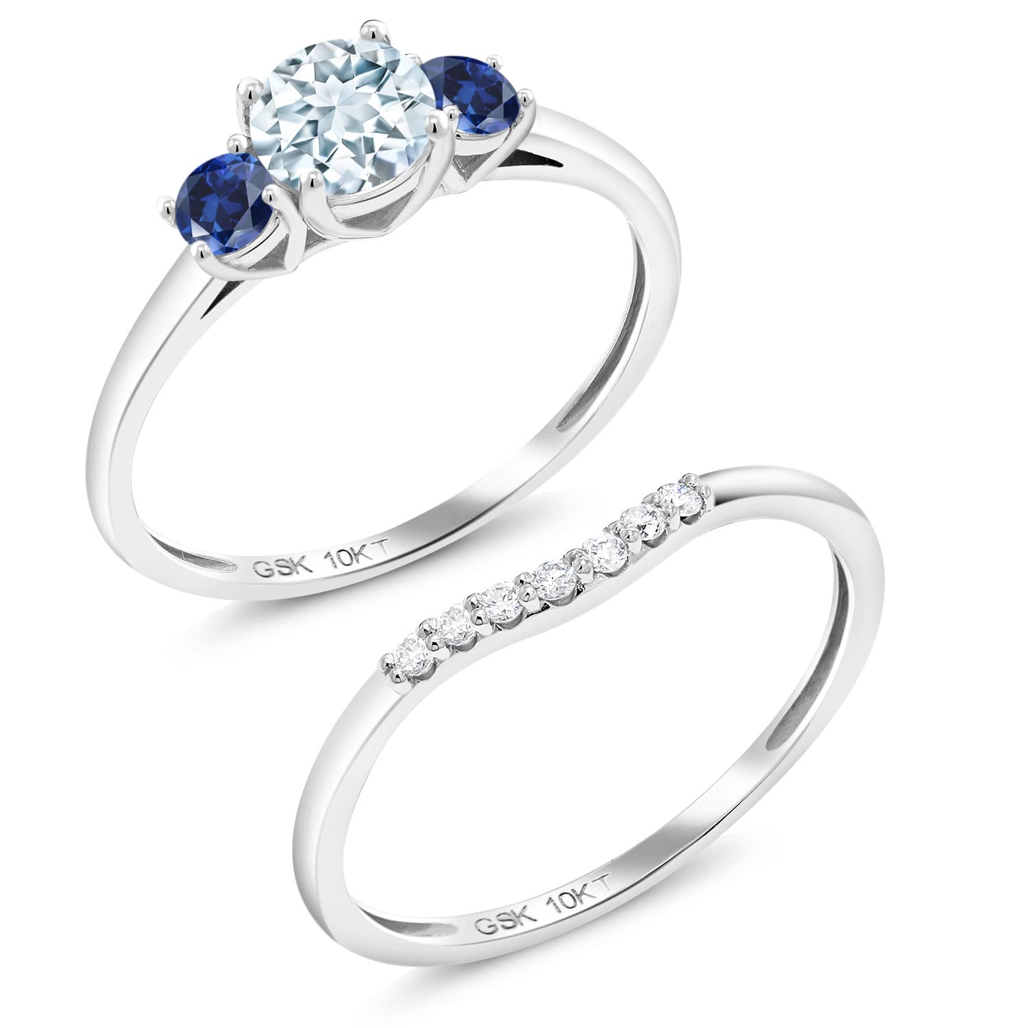 10K White Gold Sky Blue Aquamarine and Blue Created Sapphire and White Lab Grown Diamond 3-Stone Bridal Engagement Wedding Ring Set For Women (0.73 Cttw, Gemstone March Birthstone, Round 5MM, Size 5)