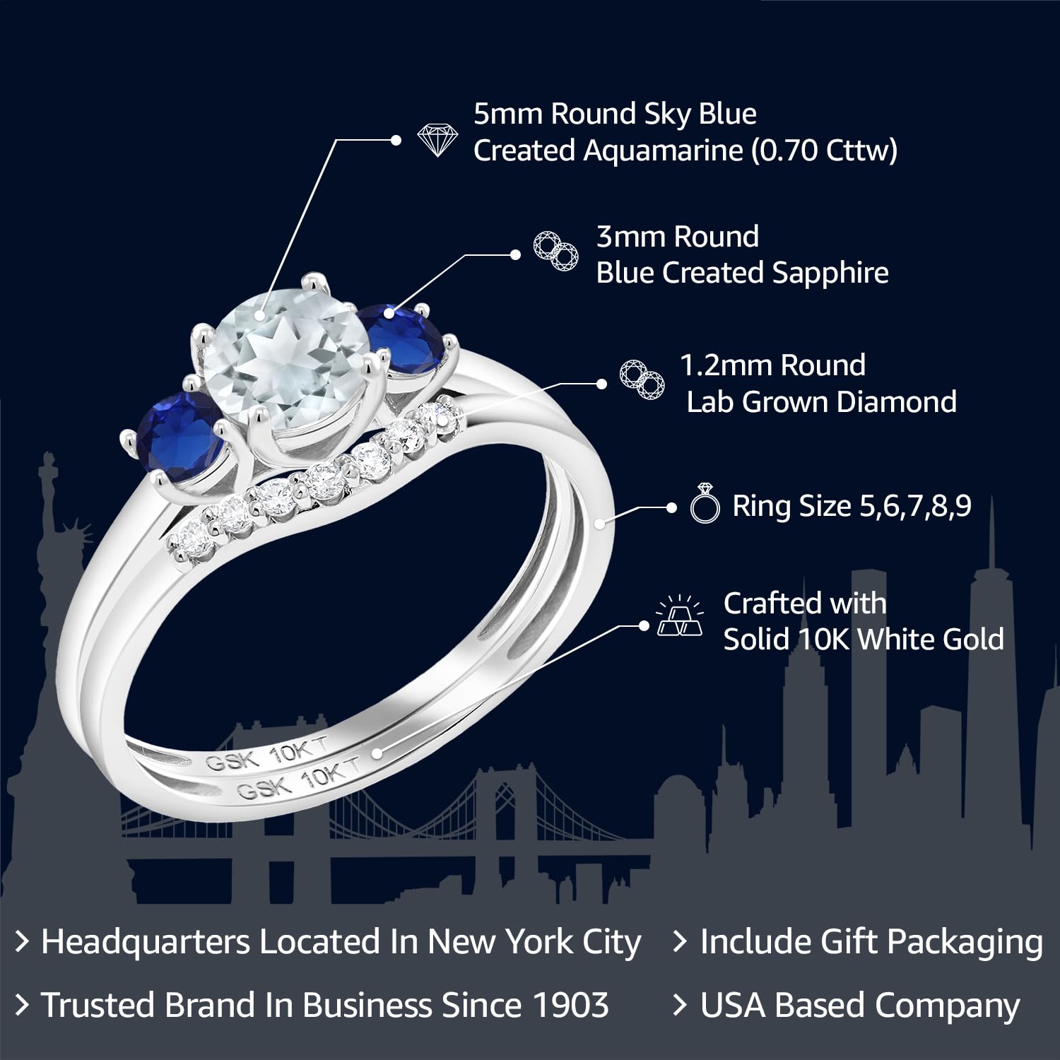 10K White Gold Sky Blue Aquamarine and Blue Created Sapphire and White Lab Grown Diamond 3-Stone Bridal Engagement Wedding Ring Set For Women (0.73 Cttw, Gemstone March Birthstone, Round 5MM, Size 5)