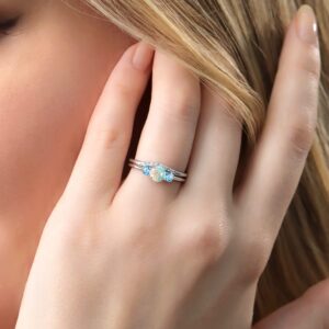 10K White Gold Simulated White Opal and Swiss Blue Topaz and White Lab Grown Diamond 3-Stone Bridal Engagement Wedding Ring Set For Women (0.87 Cttw, October Birthstone, Round Cabochon 5MM, Size 7)