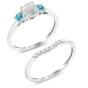 10K White Gold Simulated White Opal and Swiss Blue Topaz and White Lab Grown Diamond 3-Stone Bridal Engagement Wedding Ring Set For Women (0.87 Cttw, October Birthstone, Round Cabochon 5MM, Size 7)