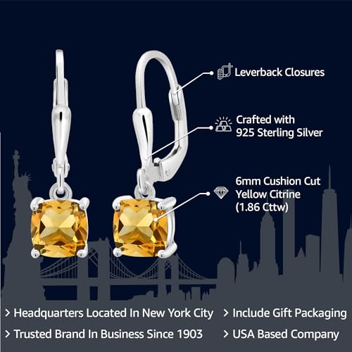 Gem Stone King 925 Sterling Silver Yellow Citrine Drop Dangle Earrings For Women | 1.86 Cttw | Gemstone November Birthstone | Cushion 6MM