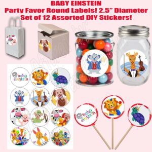 baby einstein stickers, large 2.5” round circle stickers to place onto party favor bags, cards, boxes or containers -12 pcs, baby animals, giraffe, elephant, bunny, turtle