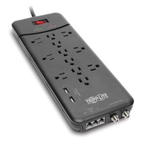 tripp lite tlp128ttusbb 12 outlet surge protector power strip, 2 usb charging ports, tel/modem/coax protection, 8ft cord right angle plug, black, lifetime insurance & $150k insurance