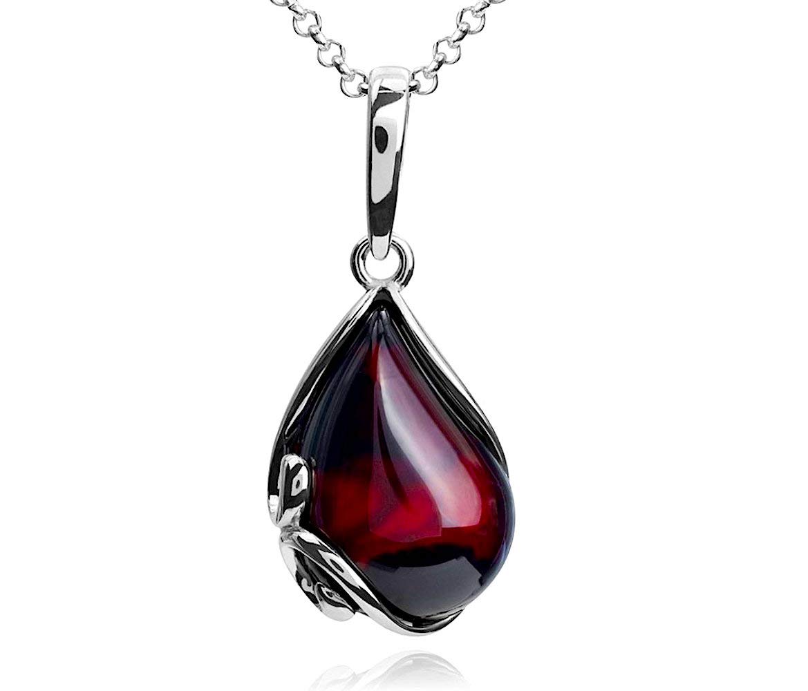 Ian and Valeri Co. Women Cherry Amber Sterling Silver Pendant Necklace Chain 46 cm 18 inches