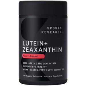 sports research® lutein and zeaxanthin capsules - eye health support supplement made with lute-gen® and organic coconut oil - vegan friendly & non-gmo verified - 120 veggie softgels