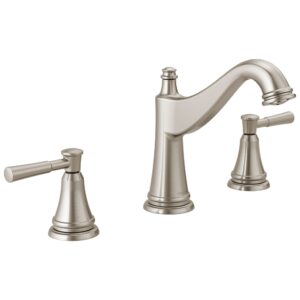 delta faucet mylan widespread bathroom faucet brushed nickel, bathroom faucet 3 hole, drain assembly, worry-free drain catch, spotshield brushed nickel 35777lf-sp