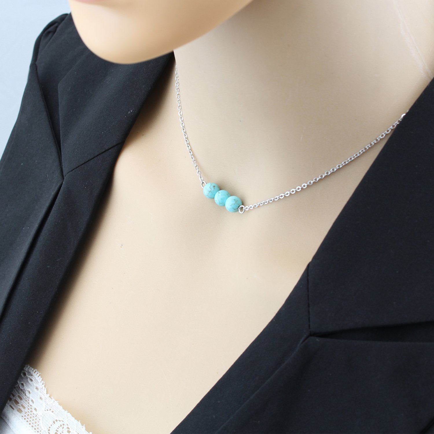 Fondgem Turquoise Stone Bar Choker Necklace – Handmade Delicate Genuine Gemstone Girls Small Turquoise Simple Gemstone Birthstone Gem Bead Jewelry Necklace Dainty 16 Silver for Women Teen Girls