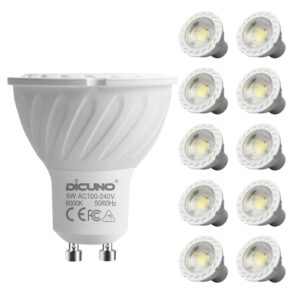 dicuno gu10 led light bulb, 60w halogen bulbs equivalent, 6w 600lm, 6000k daylight white,100v-240v non-dimmable gu10 mr16 led bulbs, 10-pack.