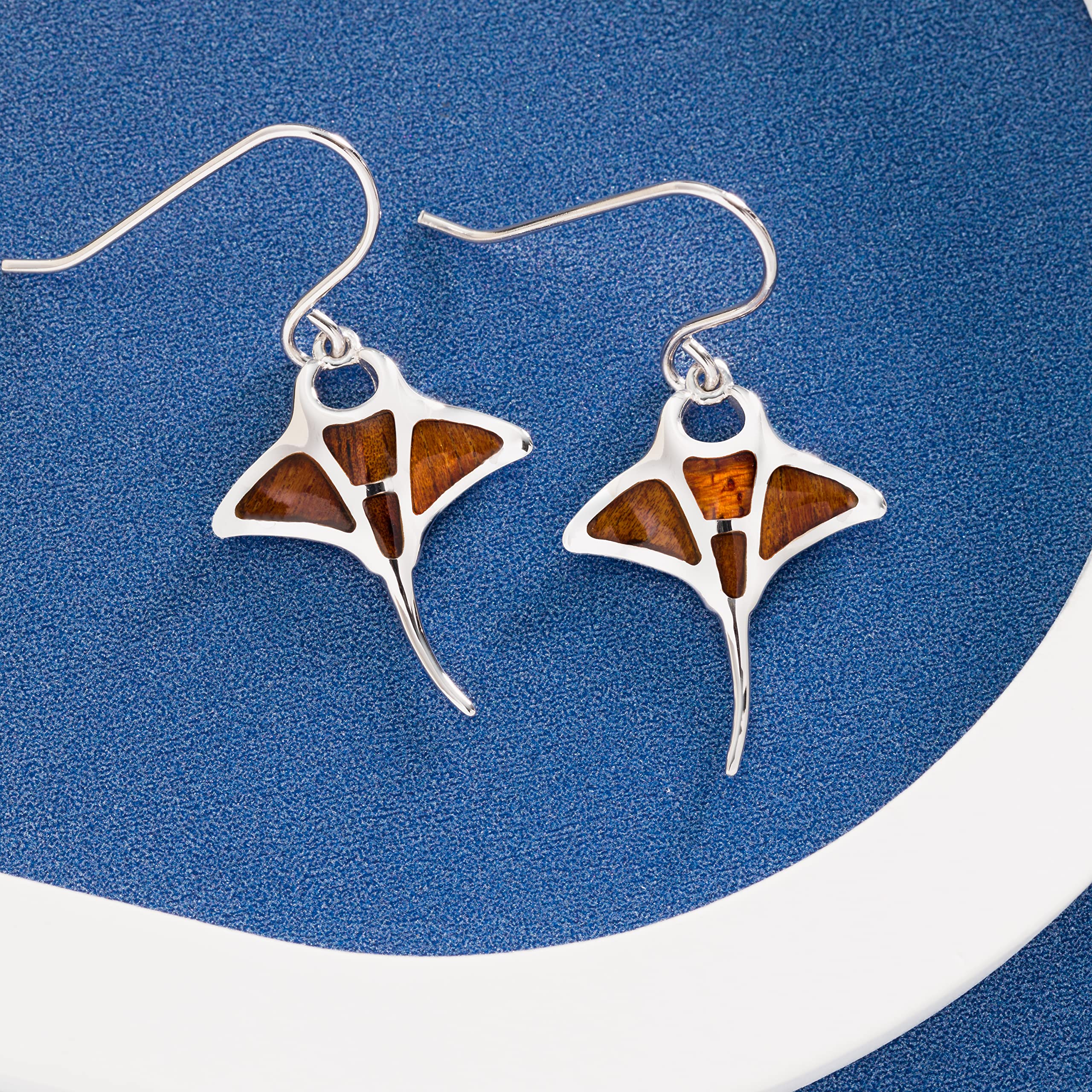 925 Sterling Silver Hawaiian Manta Ray Opal Koa Wood Larimar Gemstone Dangle Hook Earrings, Nickle Free Hypoallergenic for Sensitive Skin, Gift Box Included (Koa Wood)