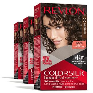 revlon permanent hair color, permanent hair dye, colorsilk with 100% gray coverage, ammonia-free, keratin and amino acids, 30 dark brown, 4.4 oz (pack of 3)