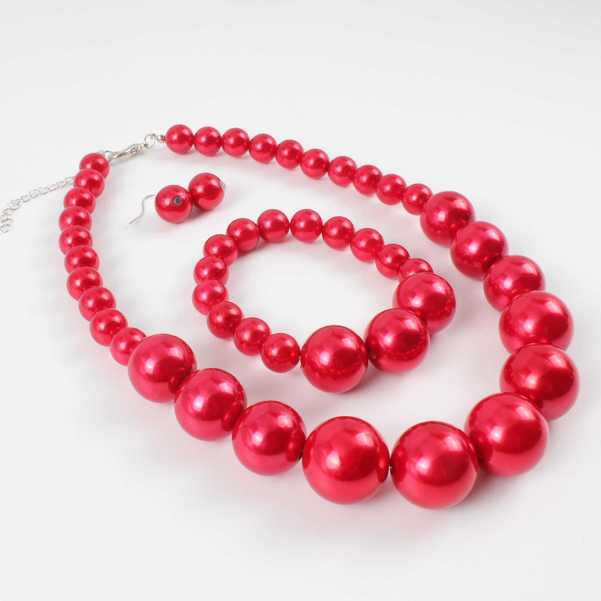 KOSMOS-LI Women's Large Big Simulated Red Pearl Statement 19" Necklace Bracelet and Earrings Jewelry Set