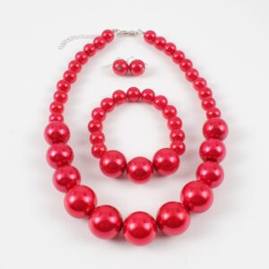 KOSMOS-LI Women's Large Big Simulated Red Pearl Statement 19" Necklace Bracelet and Earrings Jewelry Set