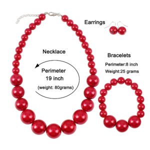 KOSMOS-LI Women's Large Big Simulated Red Pearl Statement 19" Necklace Bracelet and Earrings Jewelry Set