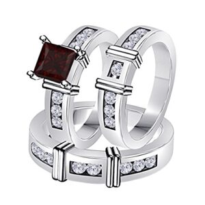 jewelryhub 2.10 carat synthetic red garnet princess cut & round cz diamond 14k white gold over silver engagement his & her wedding engagement trio ring set in express shipping