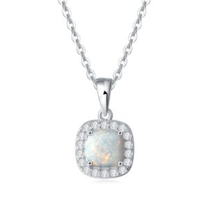 carleen created opal pendant necklace 925 sterling silver october birthstone jewelry cubic zirconia cz halo prong setting fine jewelry birthday gifts for women, 18" silver chain