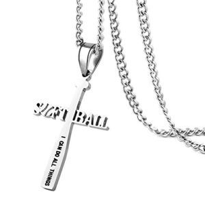 hzman softball bat cross pendant, i can do all things strength bible verse stainless steel necklace (silver)