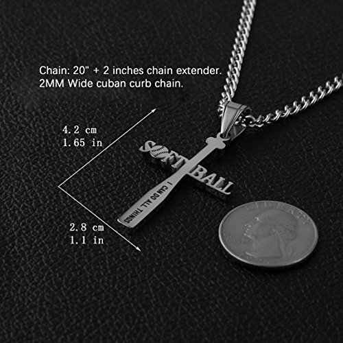 HZMAN Softball Bat Cross Pendant, I CAN DO ALL THINGS STRENGTH Bible Verse Stainless Steel Necklace (Silver)