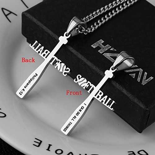 HZMAN Softball Bat Cross Pendant, I CAN DO ALL THINGS STRENGTH Bible Verse Stainless Steel Necklace (Silver)