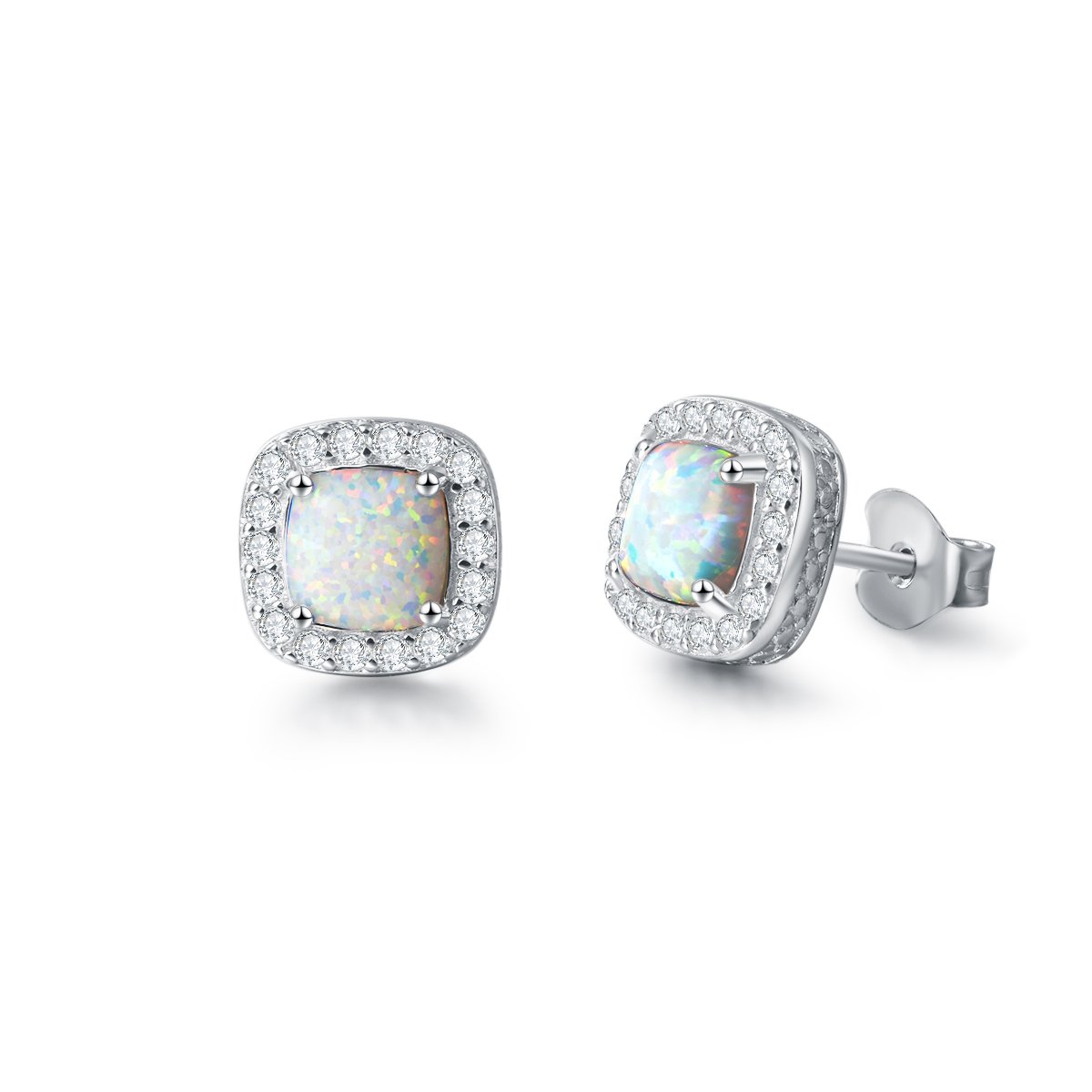 Carleen Created Opal Earrings 925 Sterling Silver October Birthstone Cubic Zirconia CZ Halo Stud Earrings Jewelry Birthday Gifts for Women