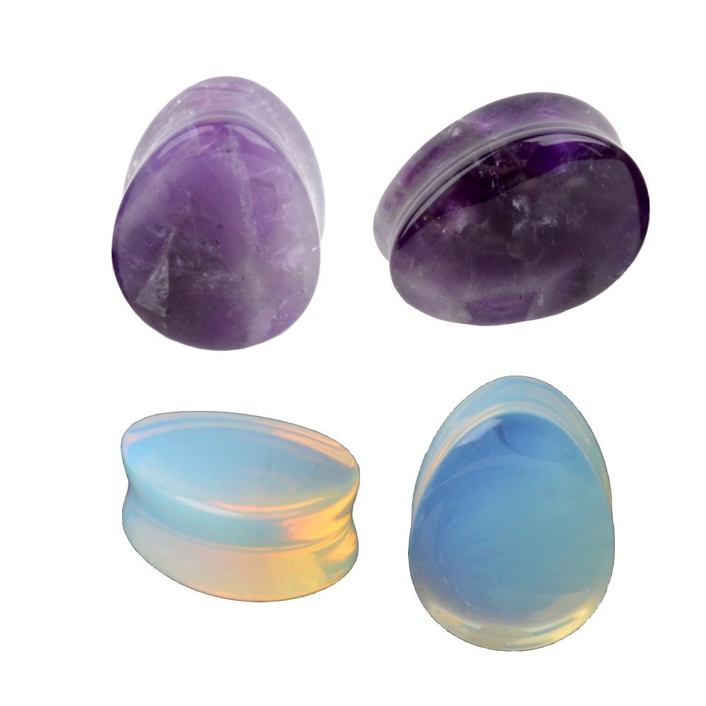 NewZenro 2Pairs Opalite Moon Stone Amethyst Ear Gauges Plugs Tunnels Expanders Stretcher Natural Organic Stone Double Flared Piercing Body Jewelry (1"(25mm))