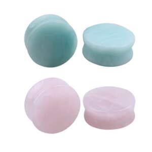 newzenro 2pairs rose quartz aventurine natural organic stone ear plugs gauges tunnel expanders stretcher double flared amazonite flesh piercings body jewelry set (00g(10mm))