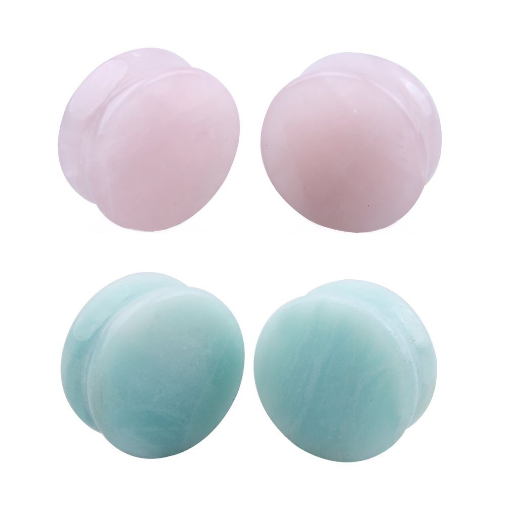 NewZenro 2Pairs Rose Quartz Aventurine Natural Organic Stone Ear Plugs Gauges Tunnel Expanders Stretcher Double Flared Amazonite Flesh Piercings Body Jewelry Set (00g(10mm))