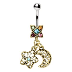 316l stainless steel golden moon & star dangle wildklass navel ring