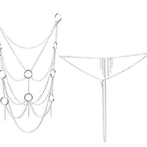 Women's Lingerie Chain Set Cross Enticing Tassel Body Link Harness Metal Chain Set Metallic(silvery)