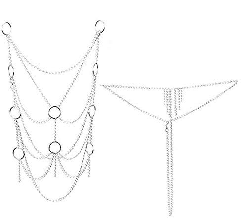 Women's Lingerie Chain Set Cross Enticing Tassel Body Link Harness Metal Chain Set Metallic(silvery)