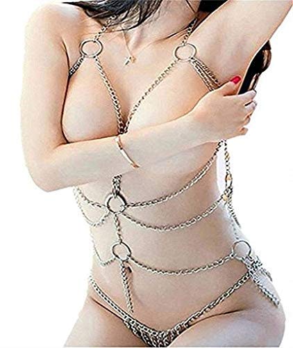 Women's Lingerie Chain Set Cross Enticing Tassel Body Link Harness Metal Chain Set Metallic(silvery)