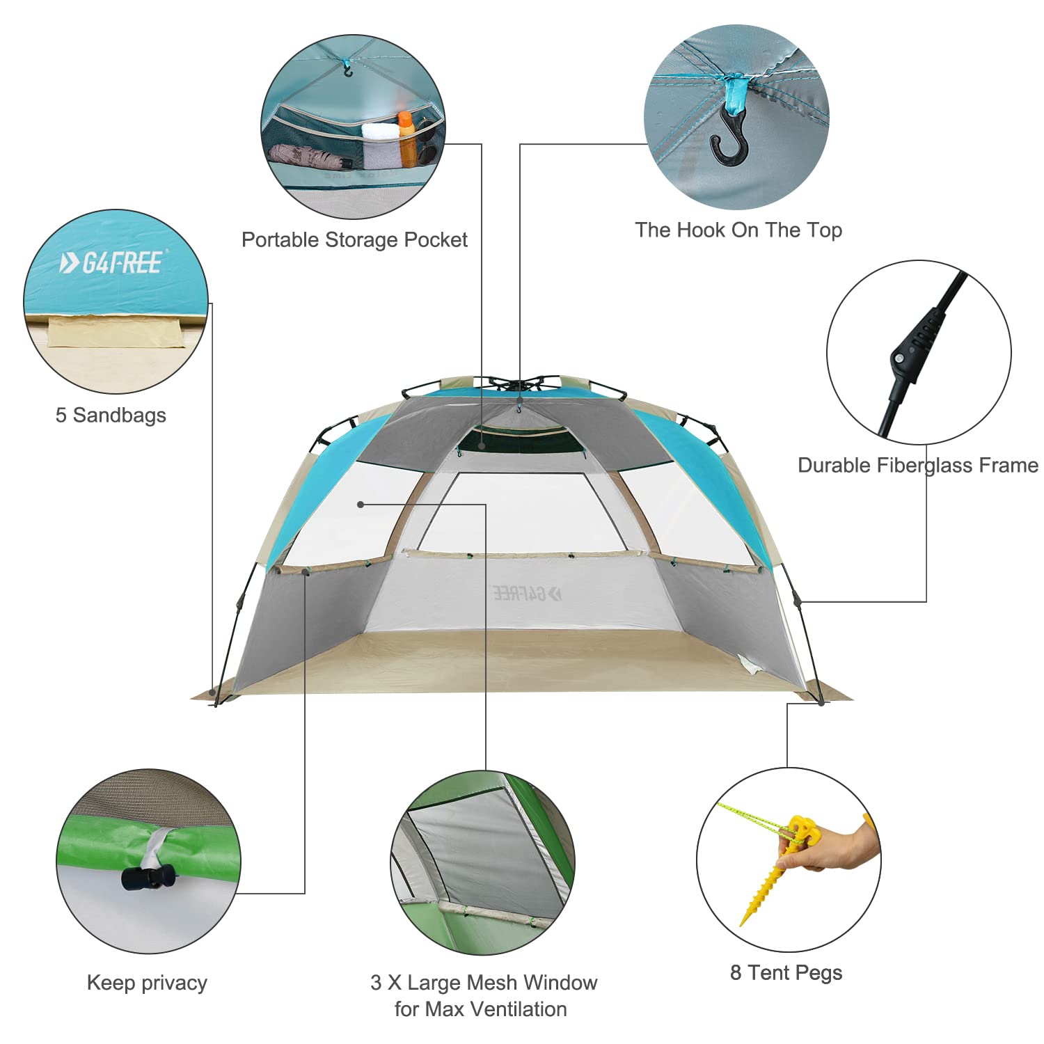 G4Free Easy Set up Beach Tent Deluxe XL, Portable Beach Shade 4 Person Pop up Sun Shelter UPF 50+ UV Protection Large Family Size(Lake-Blue)