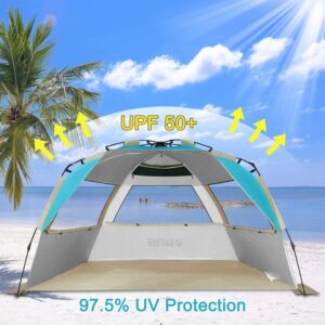 G4Free Easy Set up Beach Tent Deluxe XL, Portable Beach Shade 4 Person Pop up Sun Shelter UPF 50+ UV Protection Large Family Size(Lake-Blue)