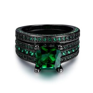 fashion jewelry black gold plated green or blue cz eternity band ring set for her and him (black gold-green, 8)