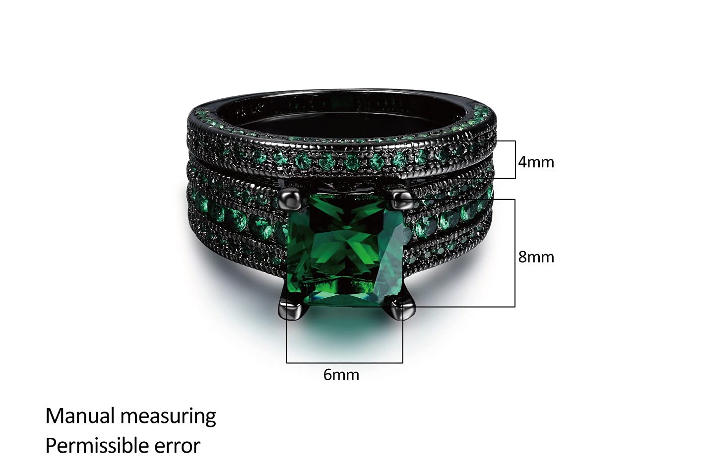 Fashion jewelry Black Gold Plated Green Or Blue CZ Eternity Band Ring Set For Her And Him (Black Gold-Green, 8)