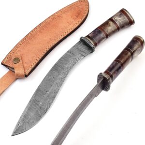 uk unique sharp knives handmade damascus steel 15 inches kukri knife bk-3032 -rose wood handle with damascus steel gurd/pommel