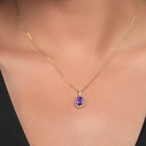 Gem Stone King 10K Yellow Gold 9X7MM Oval Gemstone Birthstone and White Diamond Pendant Necklace | Gold Necklace For Women | With 18 Inch Gold Chain